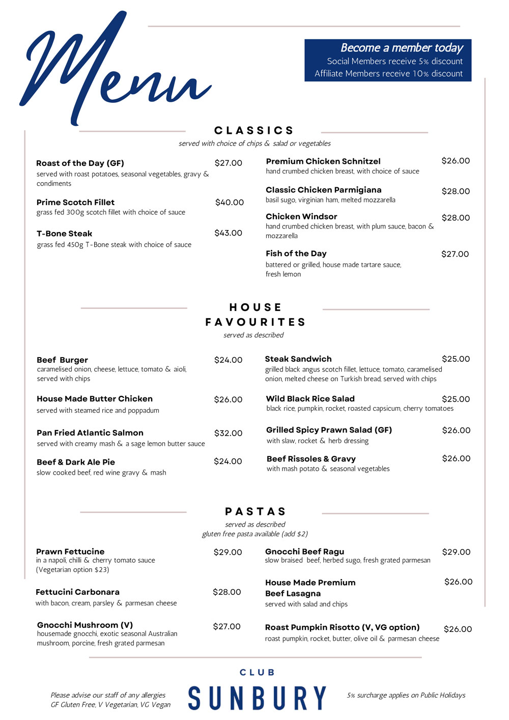 Club Sunbury - Bistro Menus